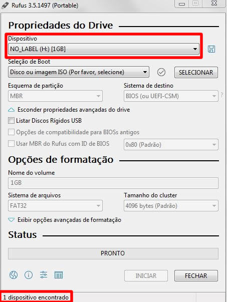 Escolhendo pendrive no programa Rufus - Tutor TI